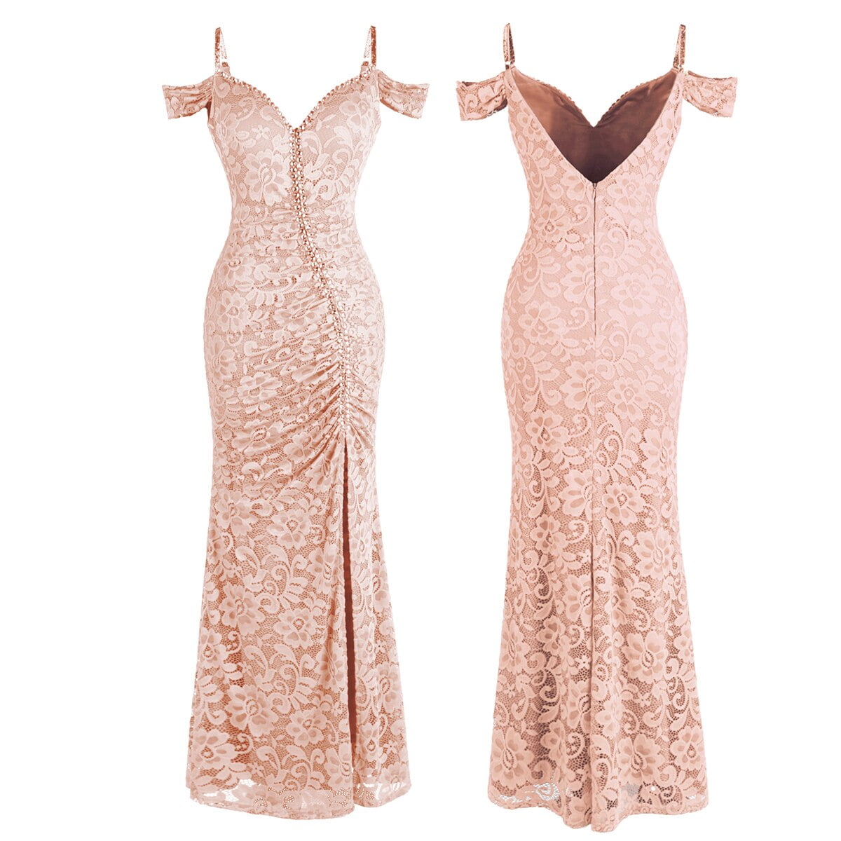 Angel-fashions Glamorous Pink Lace Long Wedding Dresses Women's ...