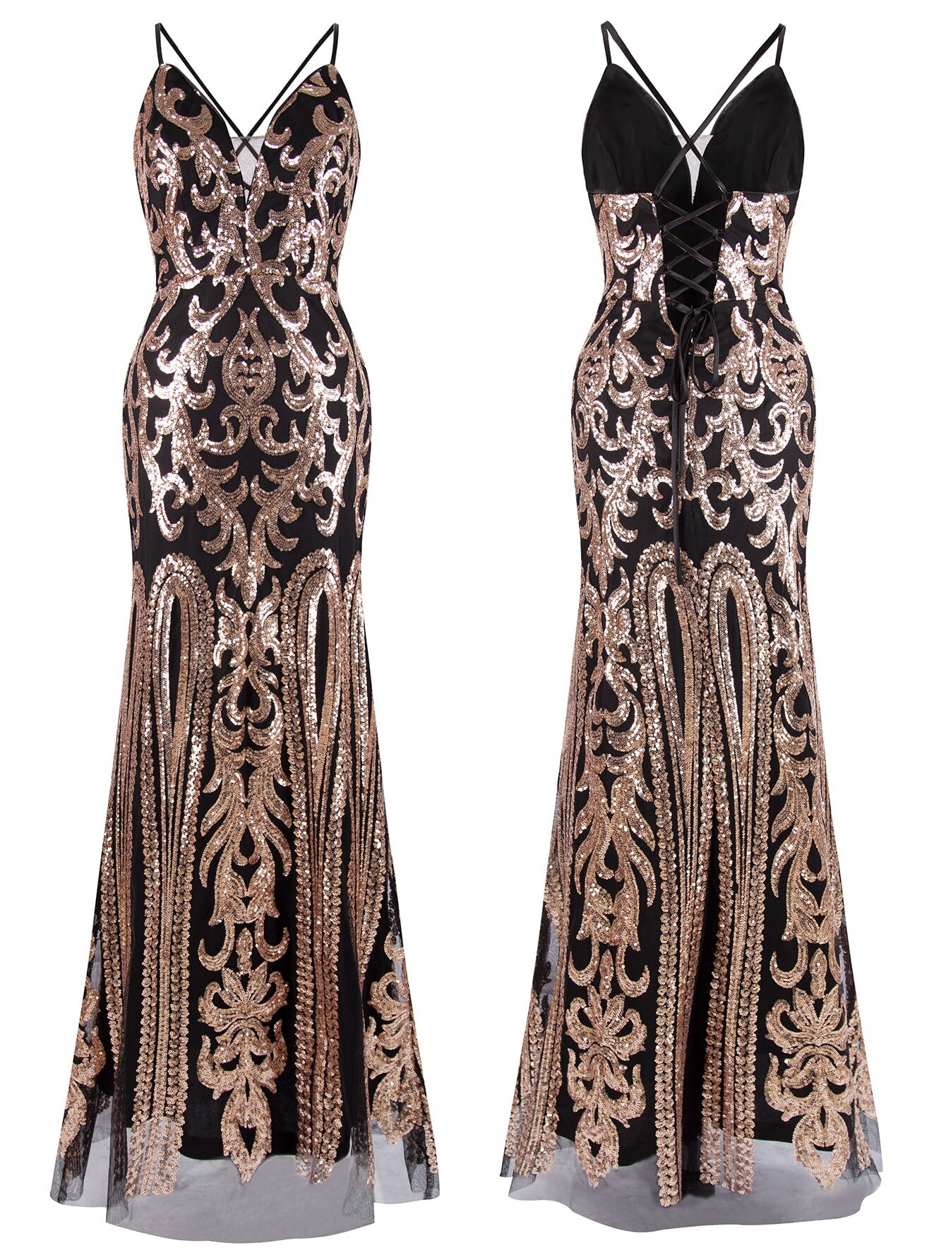 Angel-fashions Gold Sequin Baroque Pattern Evening Gown Elegant ...
