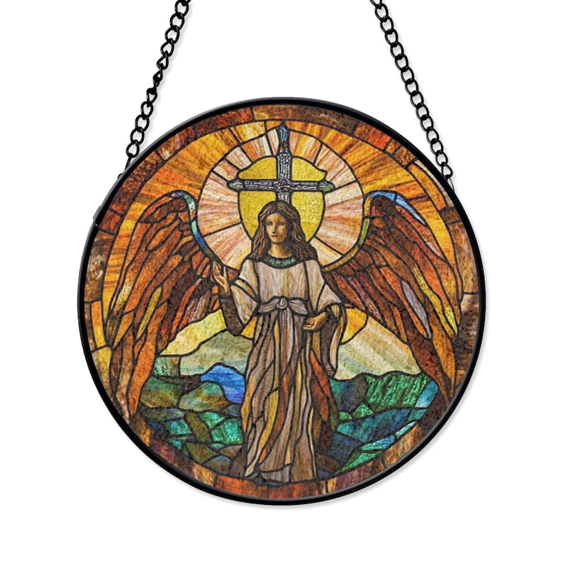 Angel with Cross Stained Glass Art - Inspirational Window Panel ...