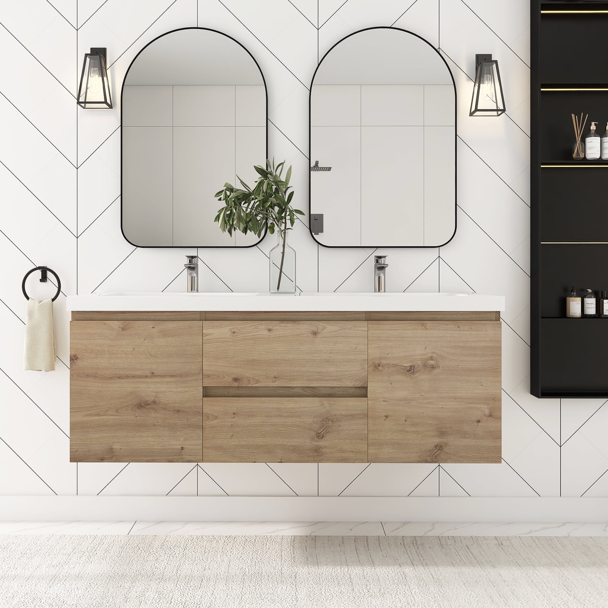 Angela 60" Wall-Mounted Bathroom Vanity in F.Oak with White Basin ...