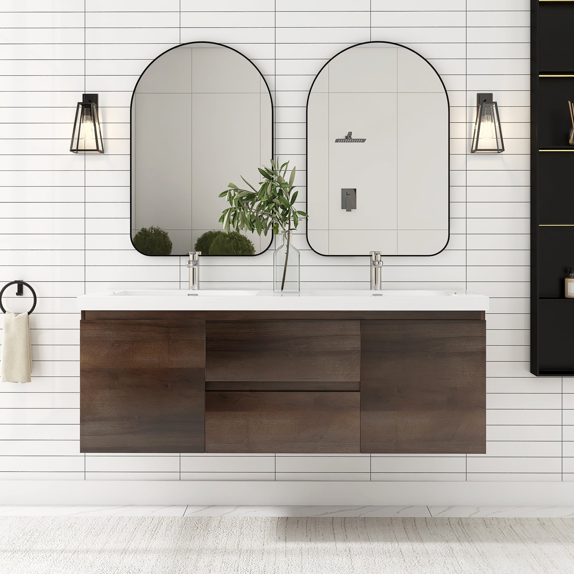 Angela 60" Wall-Mounted Bathroom Vanity in Grey Oak with White Basin ...