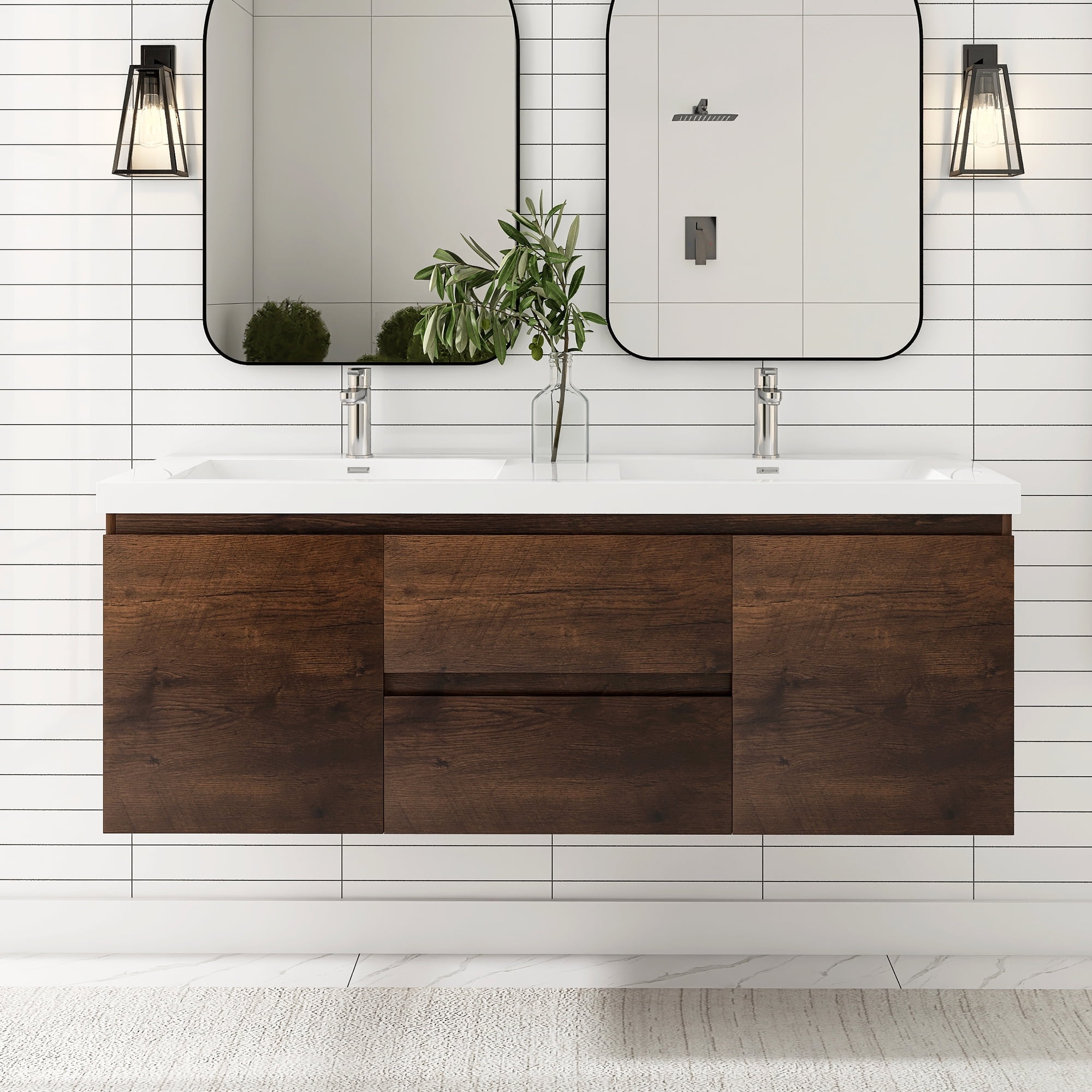 Angela 60" Wall-Mounted Bathroom Vanity in Rose Wood with White Basin ...