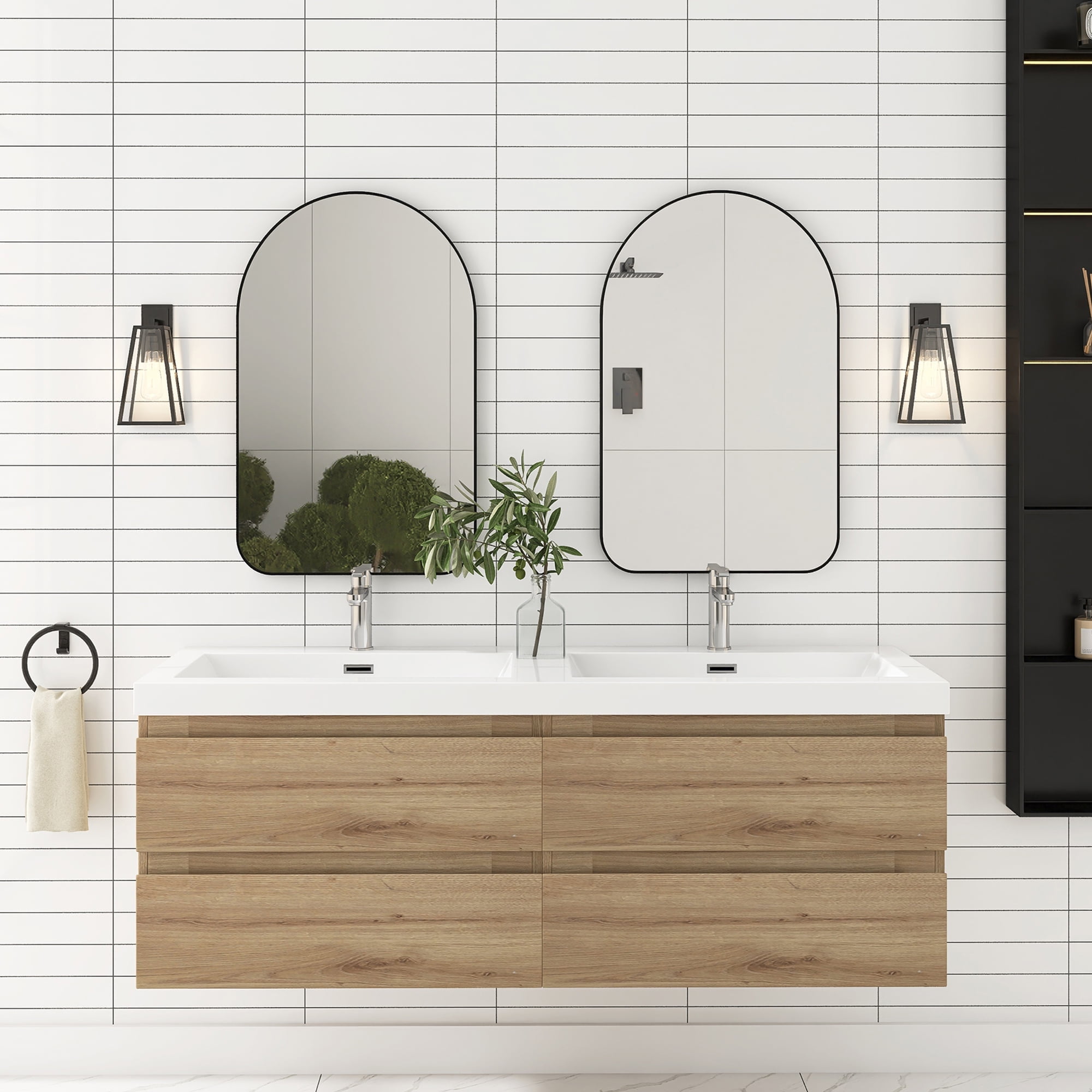 Angela 60" Wall-Mounted Double Sink Bathroom Vanity in F.Oak with White ...