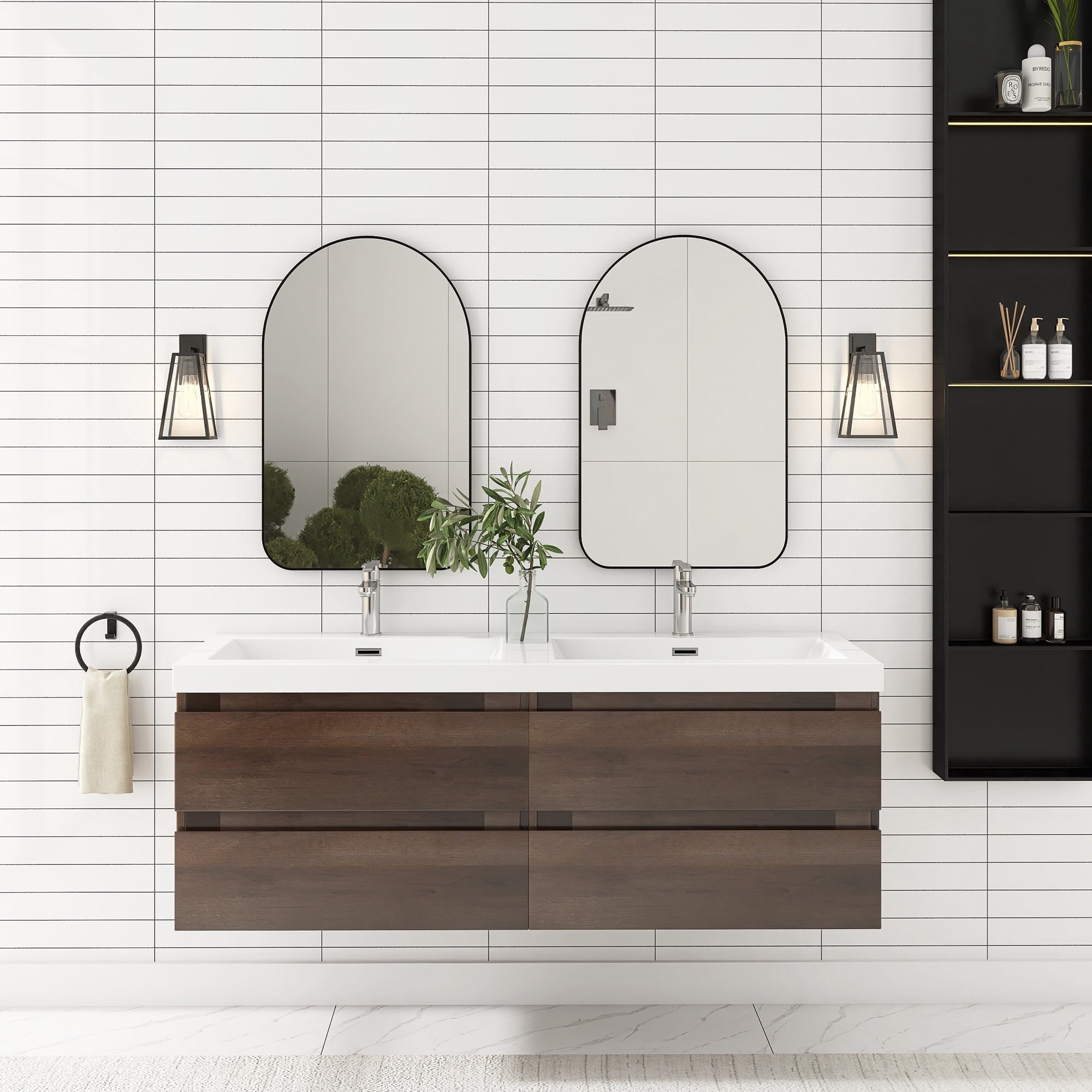 Angela 60" Wall-Mounted Double Sink Bathroom Vanity in Grey Oak with ...