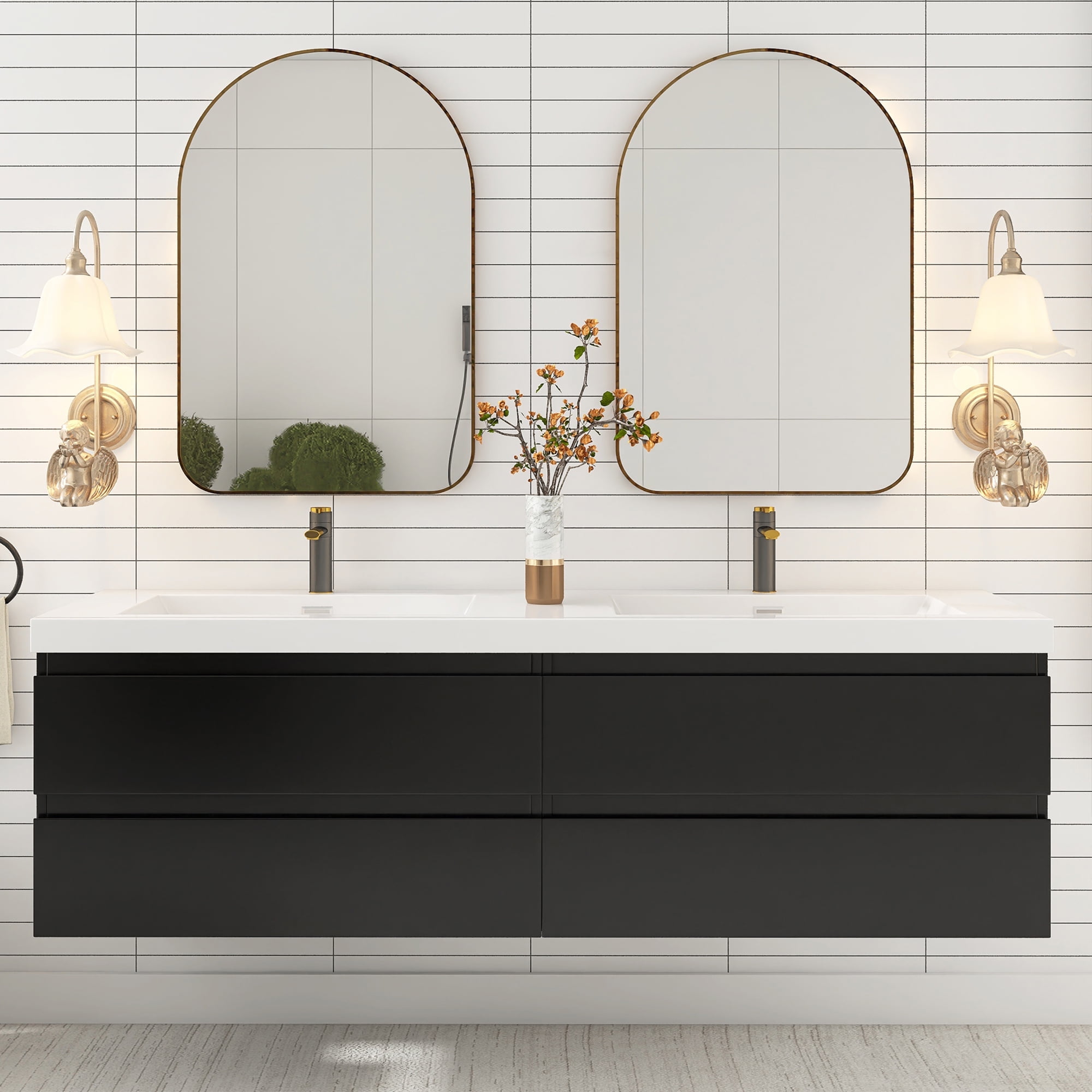 Angela 60" Wall-Mounted Double Sink Bathroom Vanity in Matte Black with ...