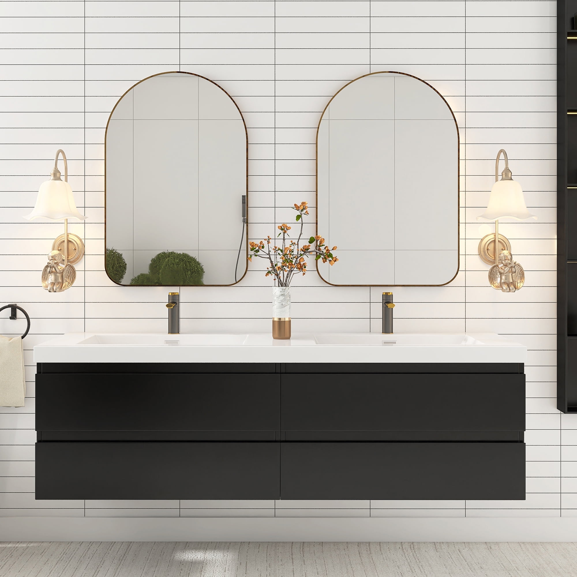 Angela 72" Wall-Mounted Bathroom Vanity in Matte Black with White Basin ...