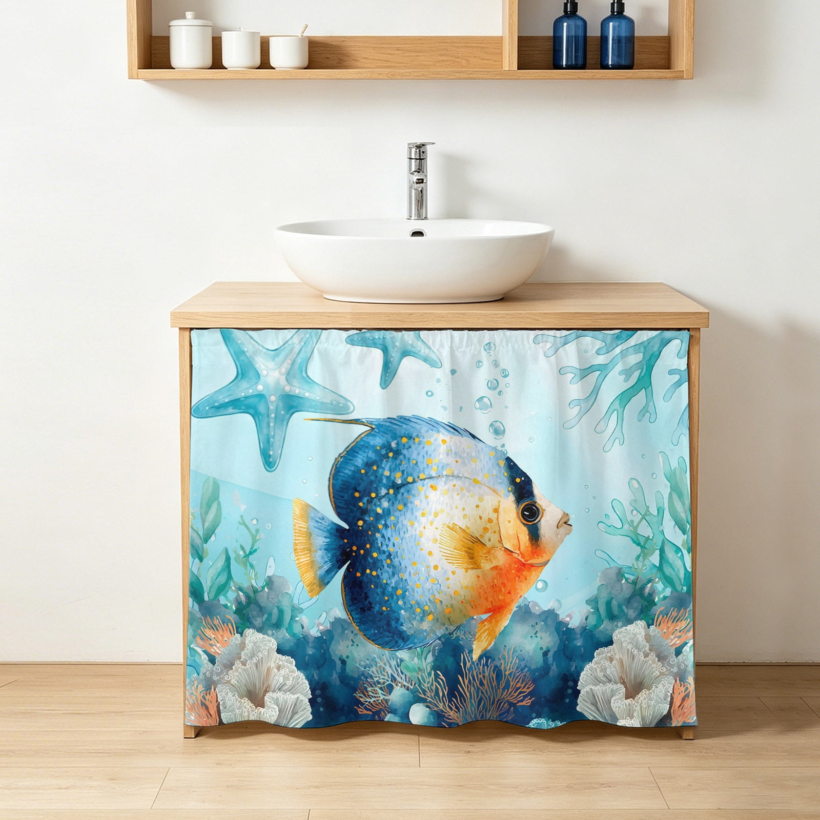 Angelfish Cabinet Curtains 11" W x 13" L, Teal Watercolor Starfish ...