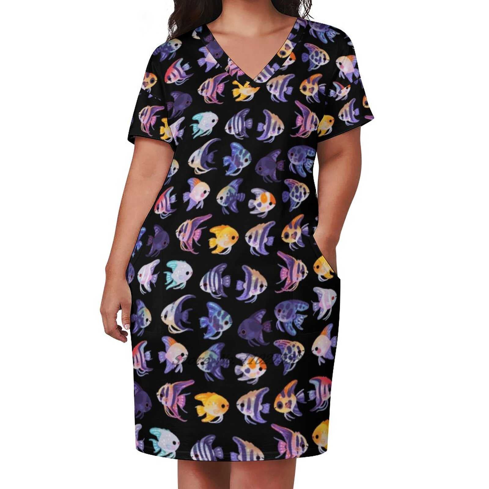 Angelfish! ( Freshwater ) - Name Loose Pocket Dress Fashion Print Dress Short Sleeve V-Neck A ...