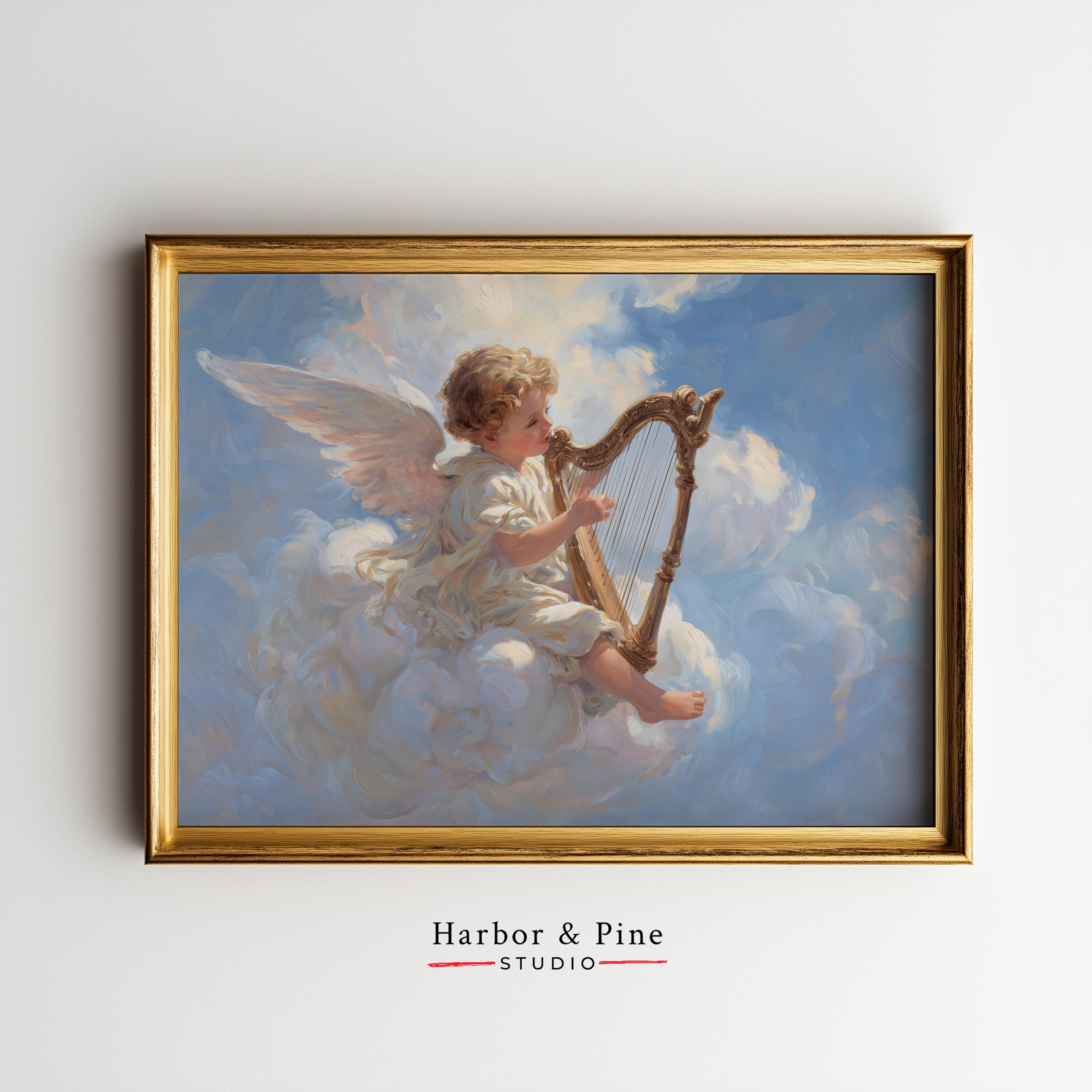 Angelic Cherub In The Clouds - Vintage Wall Art, Heavenly Angel Playing ...