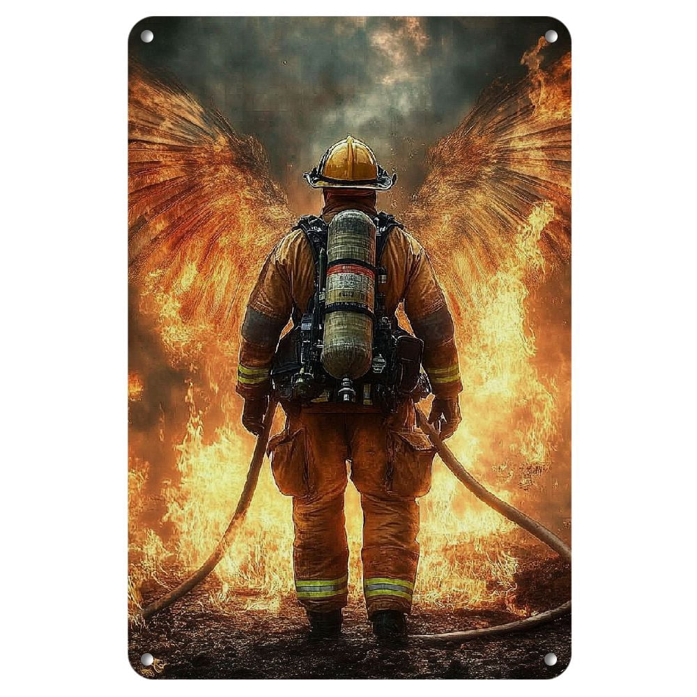 Angelic Firefighter Metal Tin Sign, Iron Engraved Wall Art, Hanging ...
