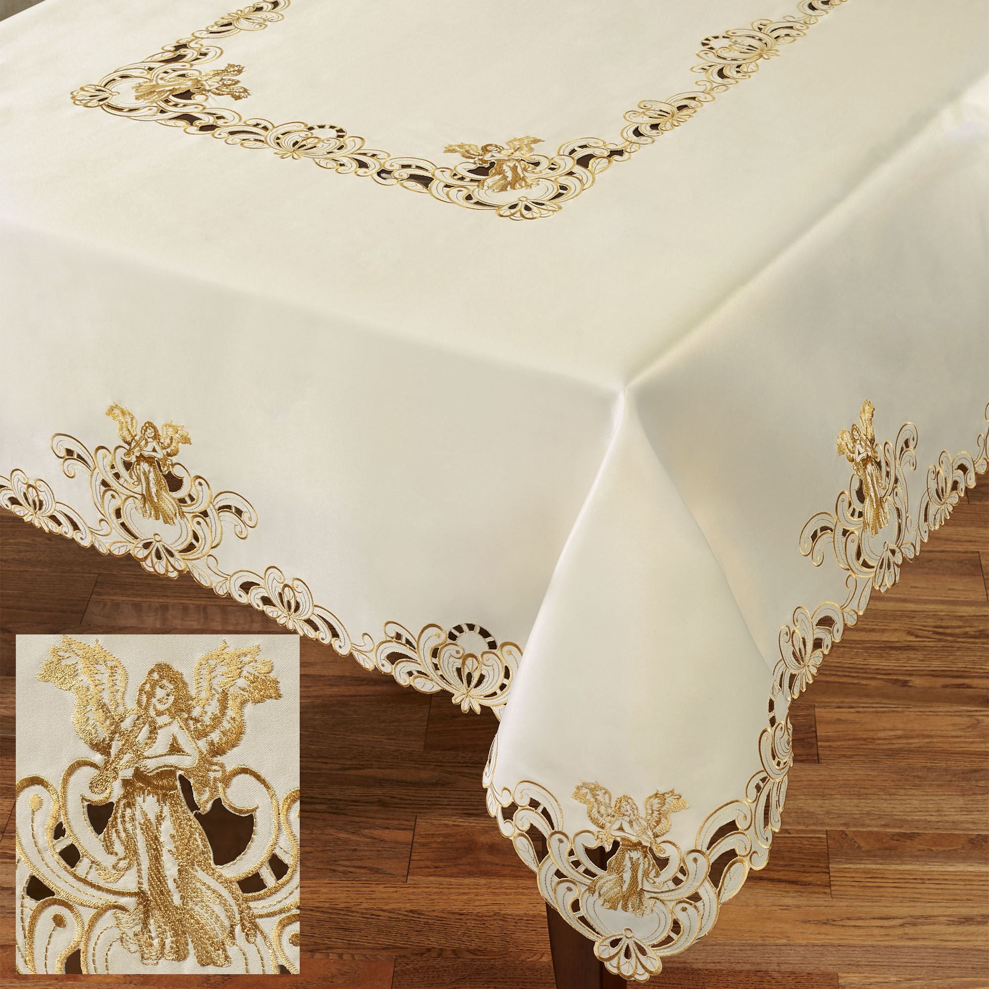 Angelica Embroidered Angel Oblong Tablecloth - Ivory, Gold - Fine Table ...