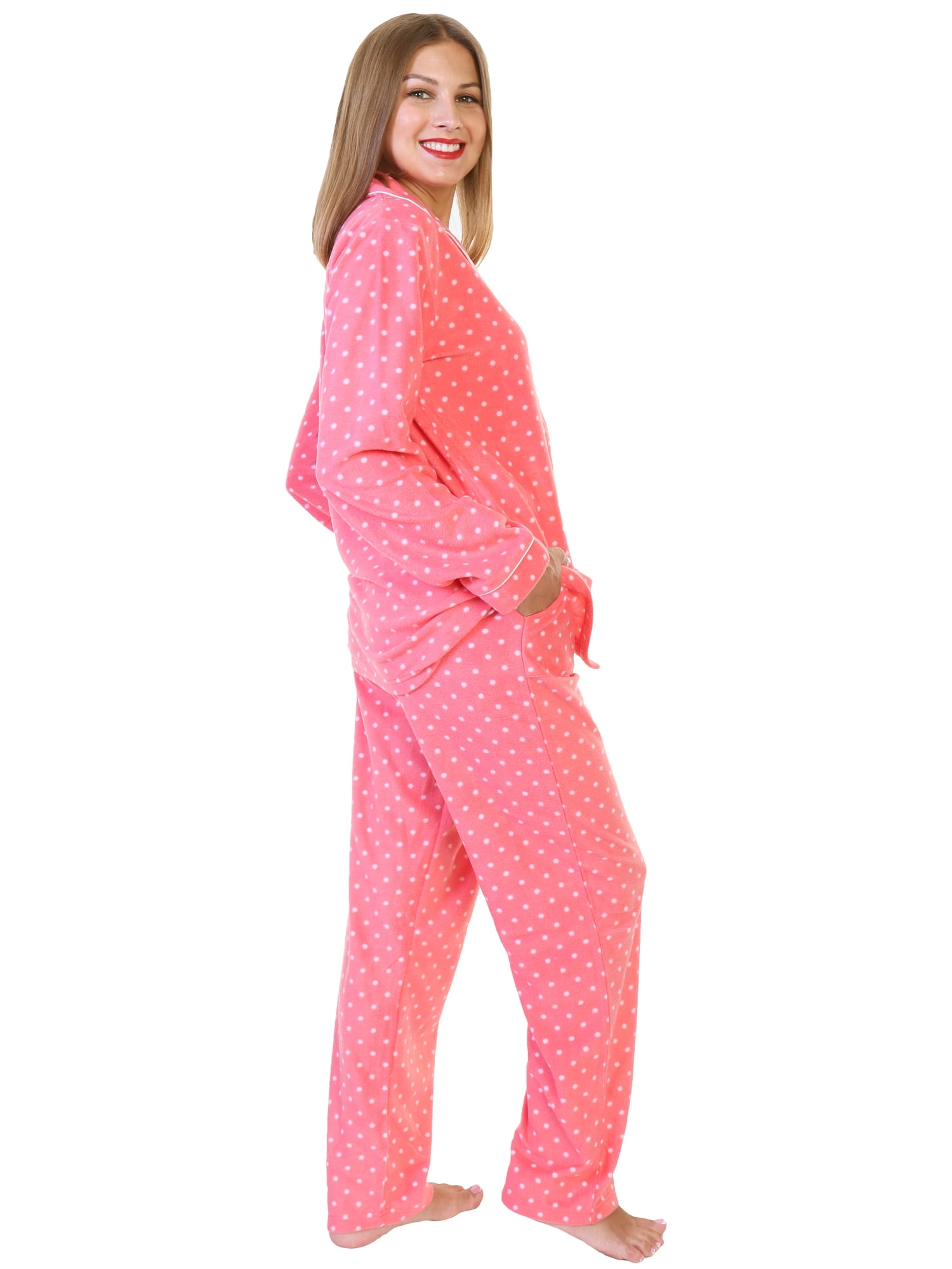 Angelina Cozy Fleece Pajama Set with Notch Collar, Satin Trim & Pockets ...