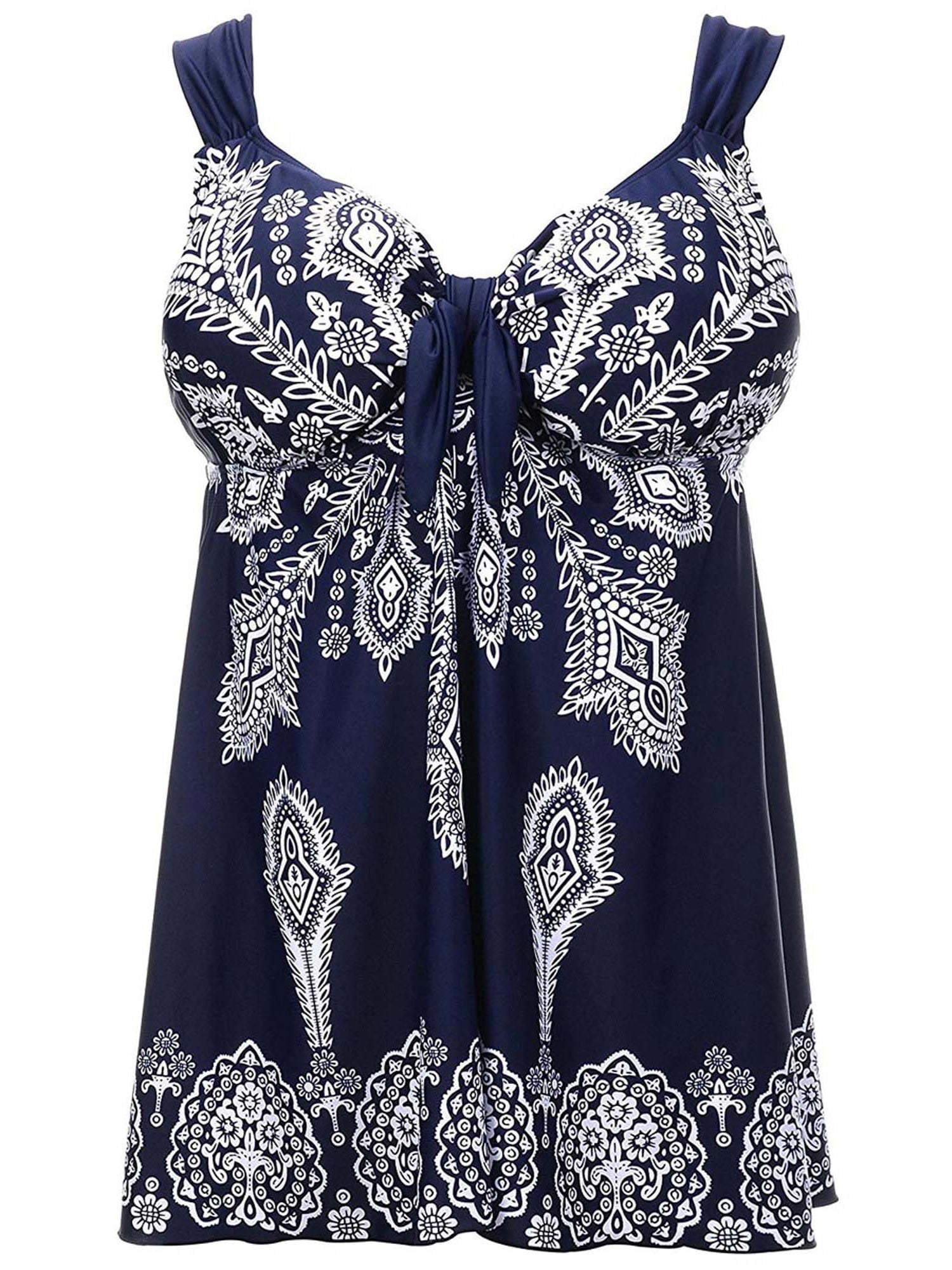 Angelique Women's Plus Size Navy Retro Print Fashion Pin Up Swimdress Style Swimsuit Tankini Set ...