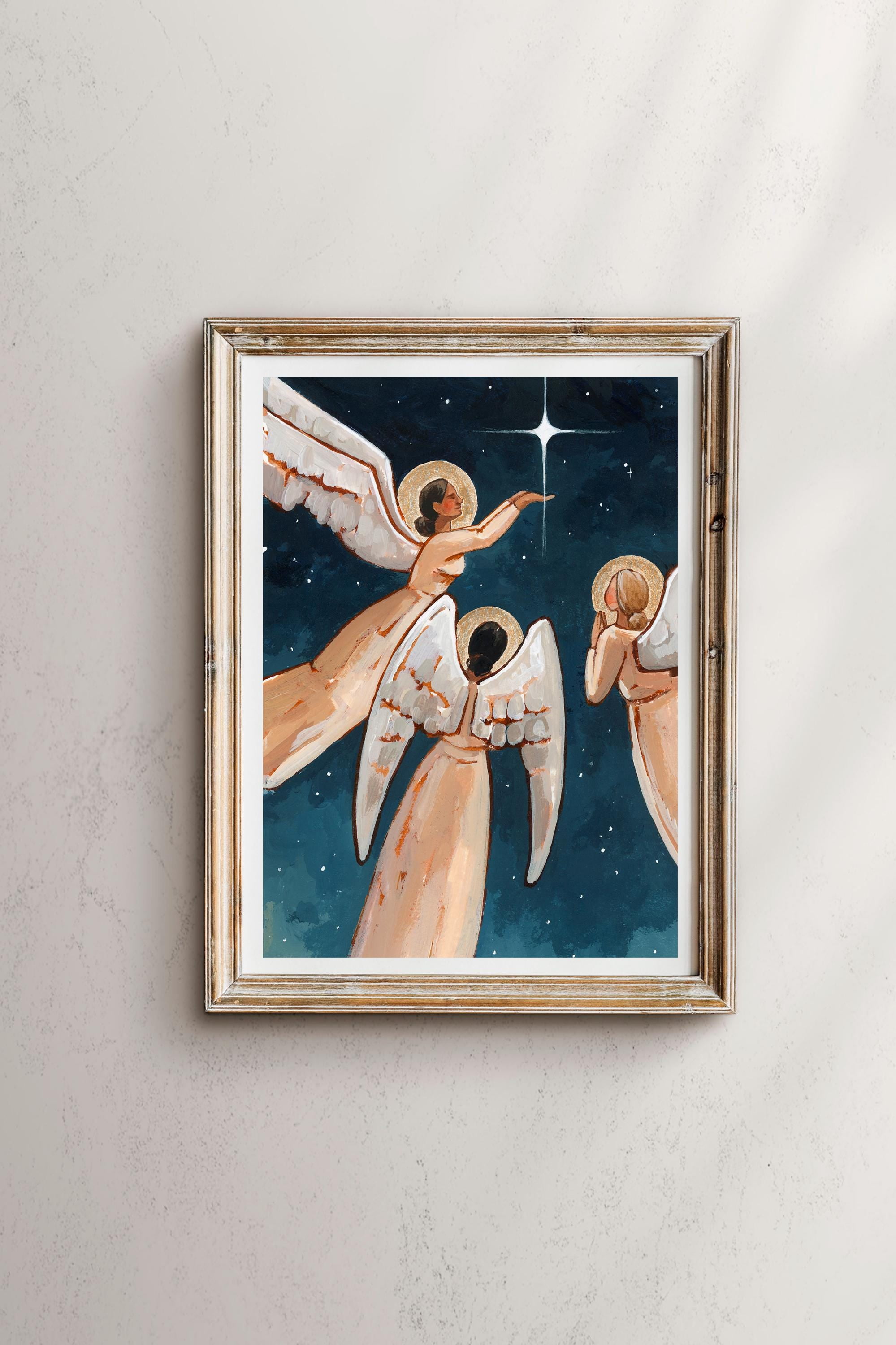 Angels Placing The New Star Art Print, Nativity Kristmas Decor Warm ...