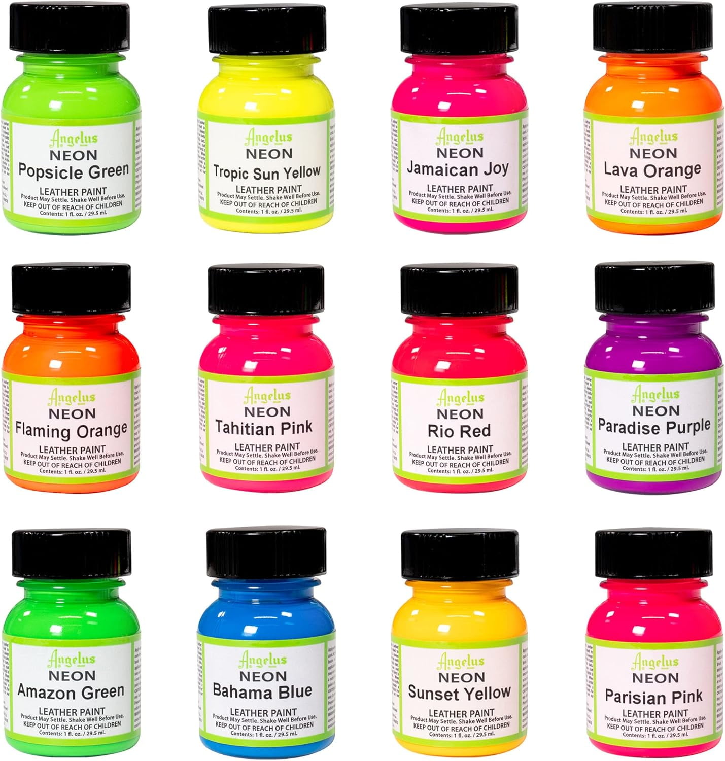 Angelus Neon Acrylic Leather Paint Set – 12 Vibrant Colors, 1 oz Each ...