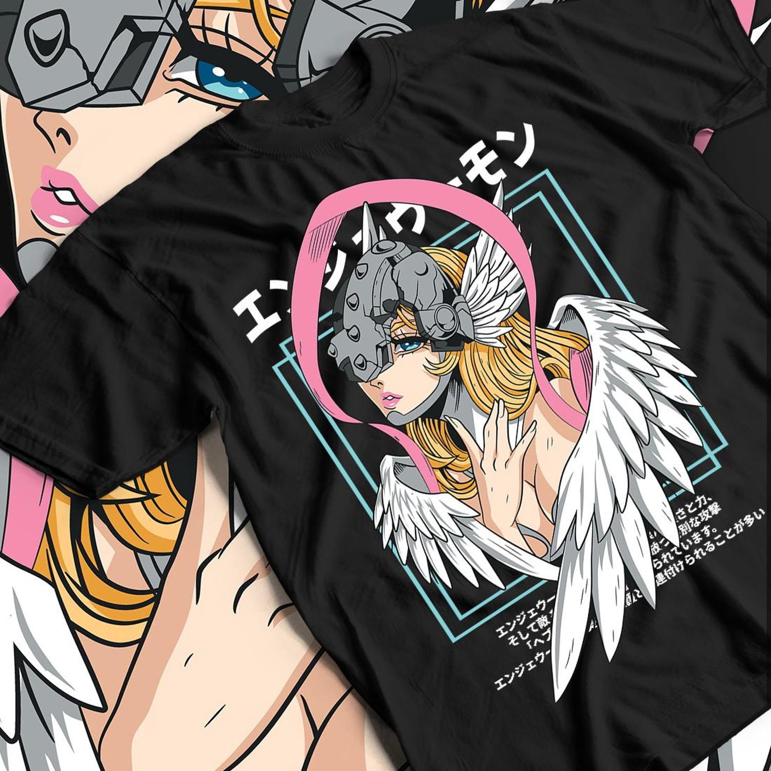 Angewomon Holy Angel Graphic Tee - Celestial Wings Helmet Pink Ribbon ...