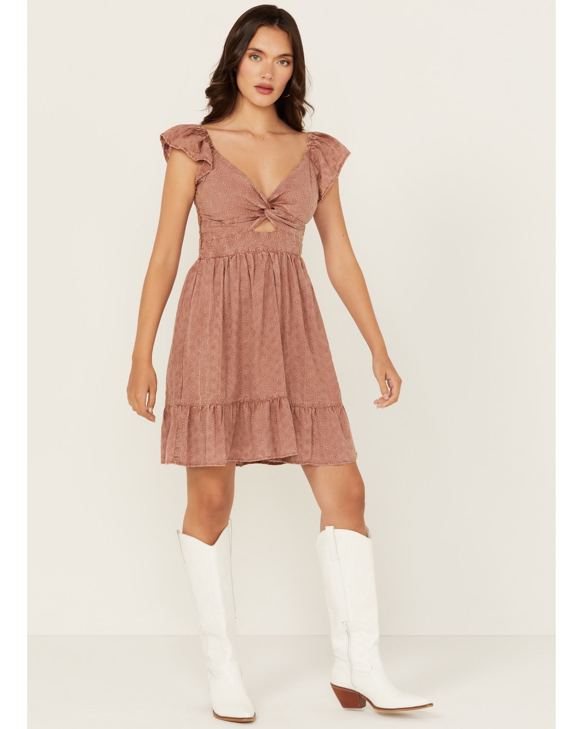 Angie Women's Eyelet Knot Front Mini Dress Mauve US - Walmart.com