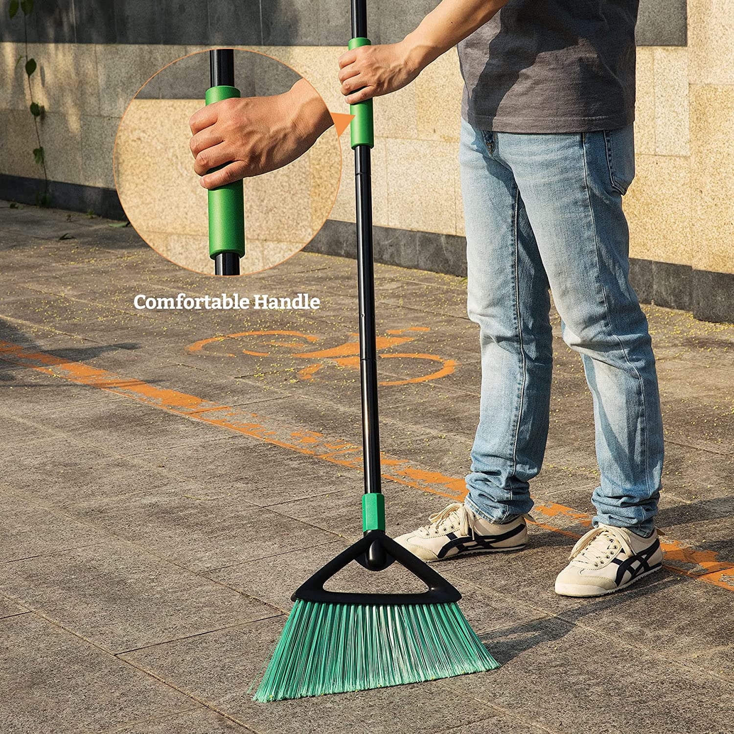 Angle Broom with 57" Long Handle, PET Bristles, Heavy-Duty Outdoor ...