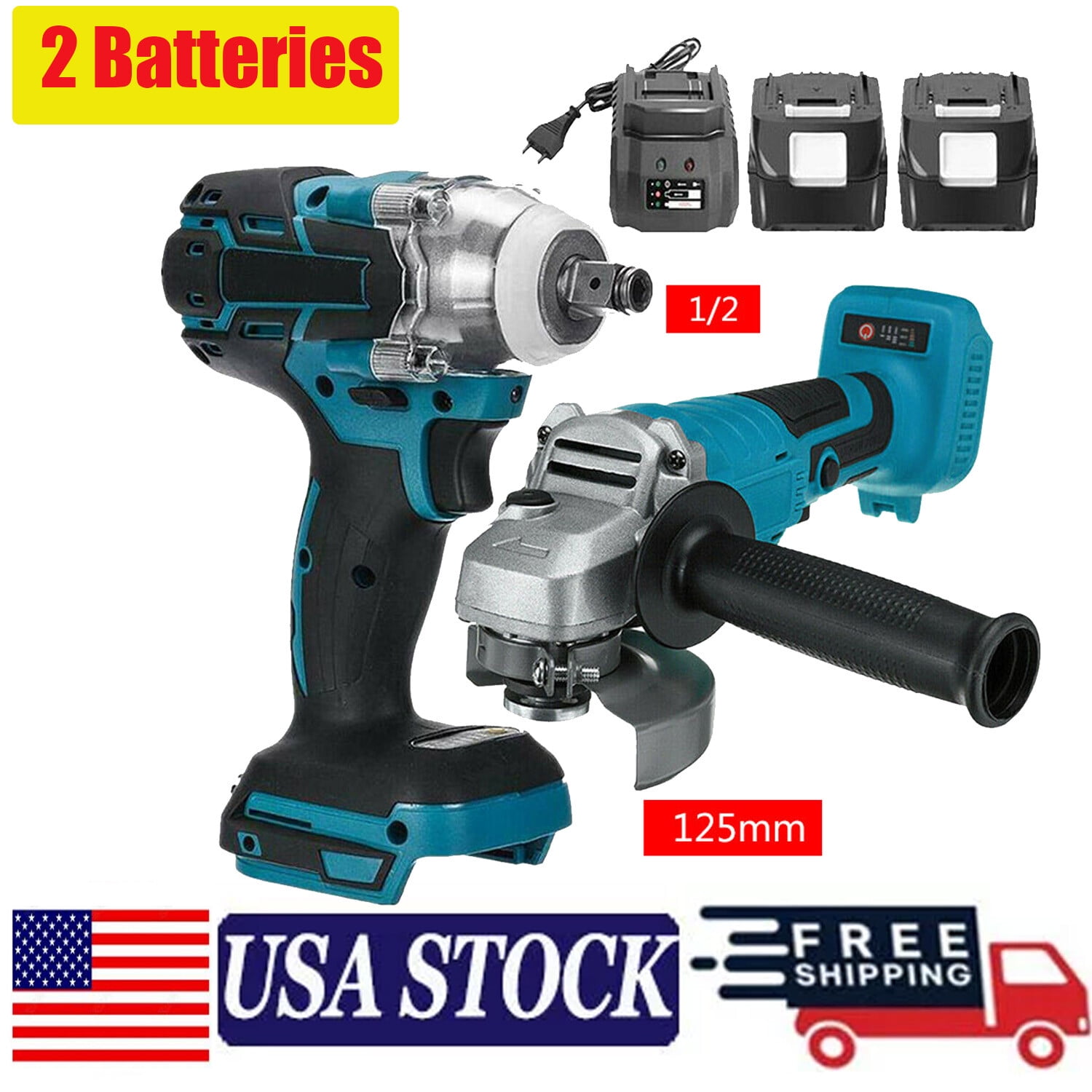 Angle Grinder+Impact Wrench Cordless Tool Set 125mm with 2 Batteries ...