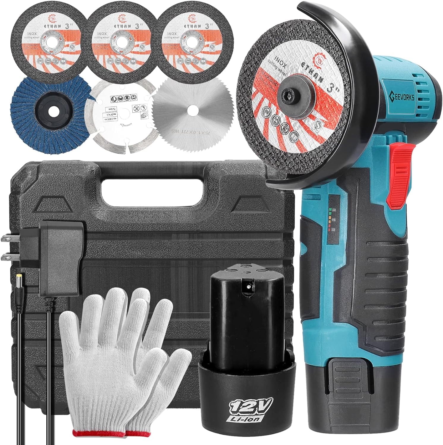 Aoresac 12V Cordless Mini Angle Grinder, 19500RPM, 2PCS 2000mAh Battery ...