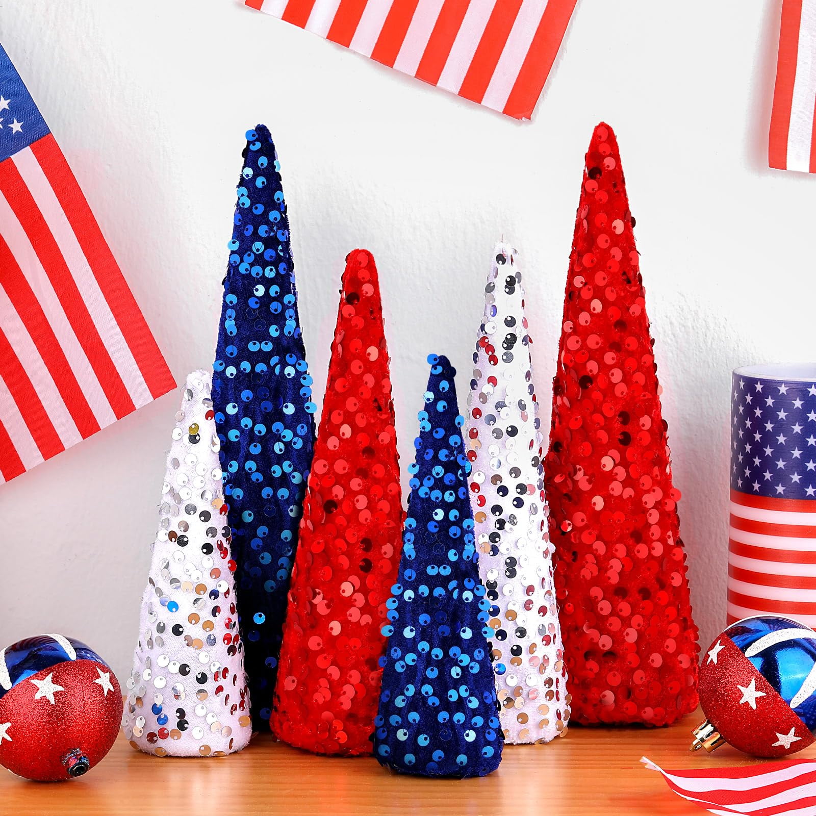 Anglechic 6 Pcs 4th of July Cone Trees White Blue Glitter Table Tree ...