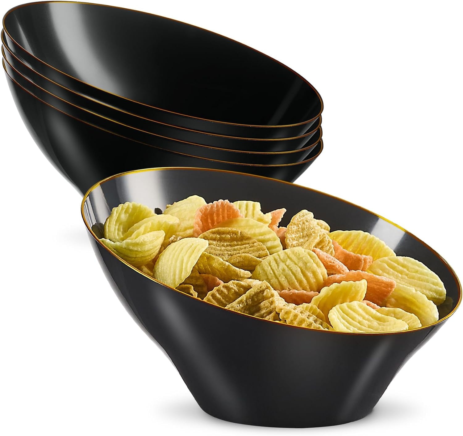 PLASTICPRO Angled Black Plastic Serving Bowls Gold Rim Plasticware ...