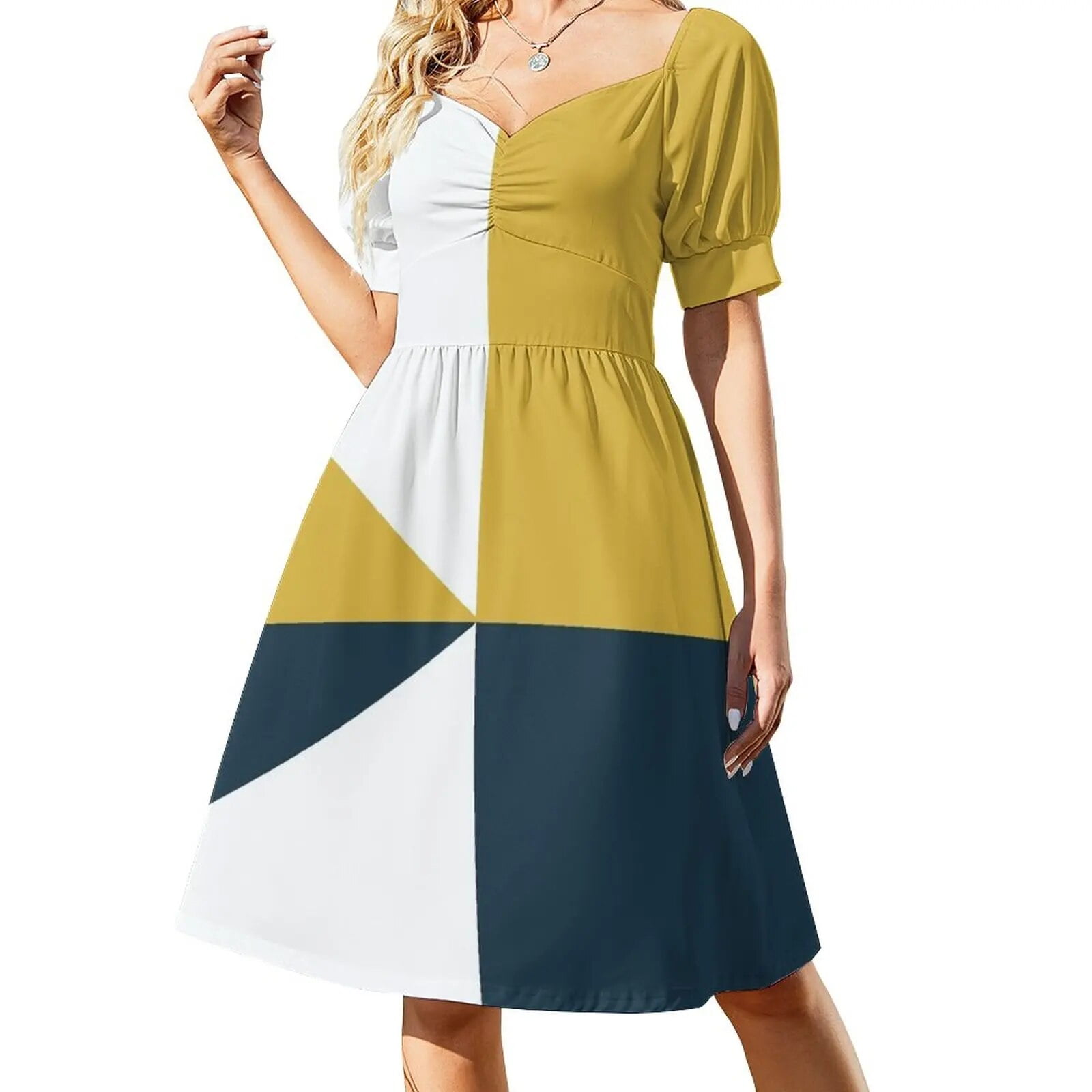 Angled Color Block in Navy Blue Light Mustard Yellow and White Dress ...