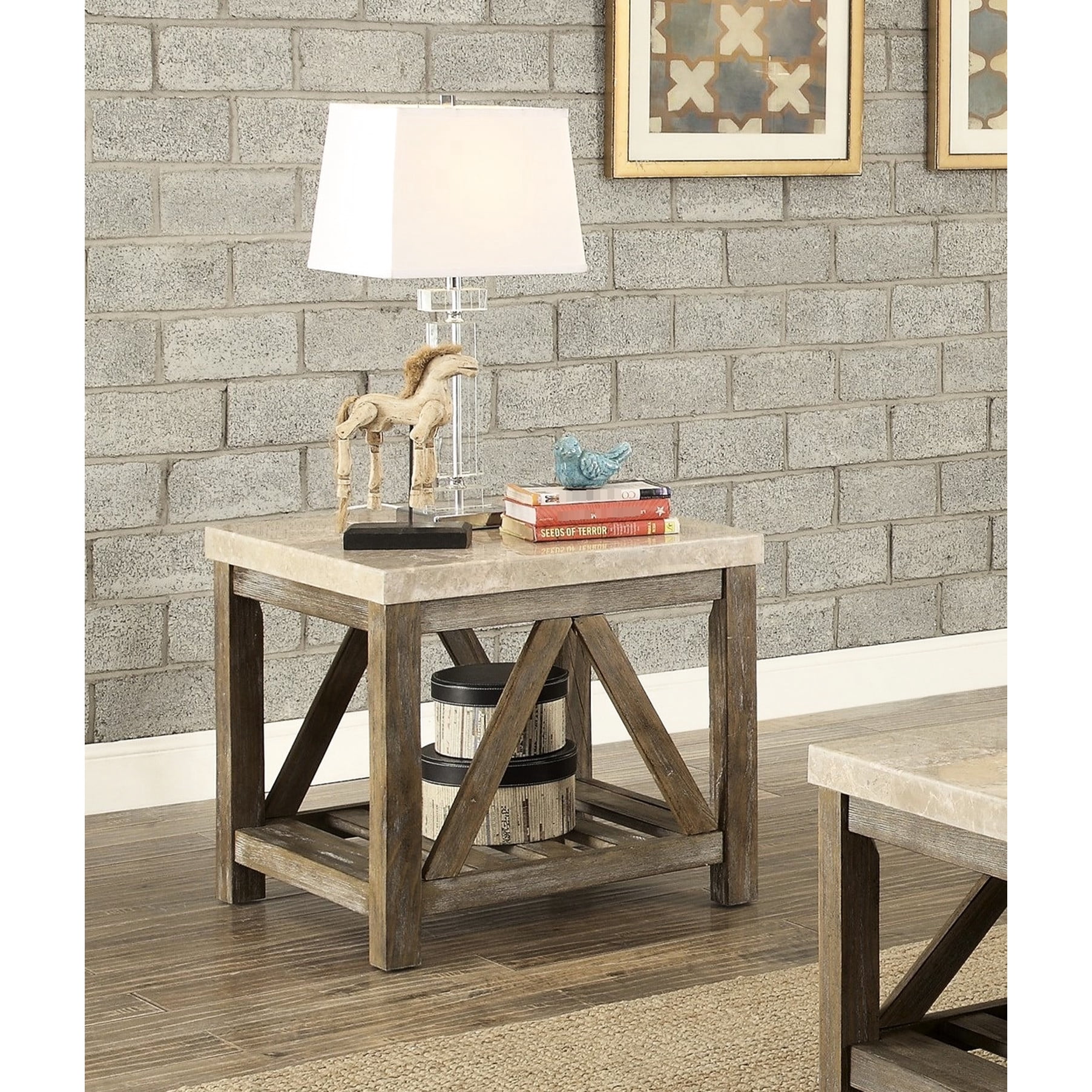 Angled Wood End Table With Creamy White Marble Top And Interior Shelf ...