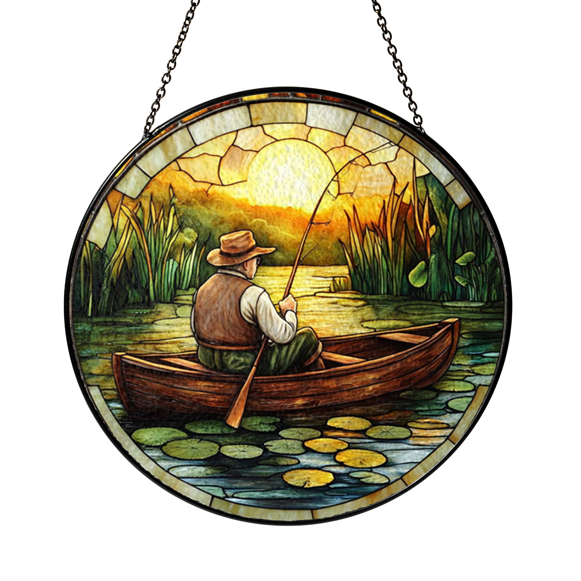 Angler Boat Scene Stained Glass Style Suncatcher – Round Window Hanging ...