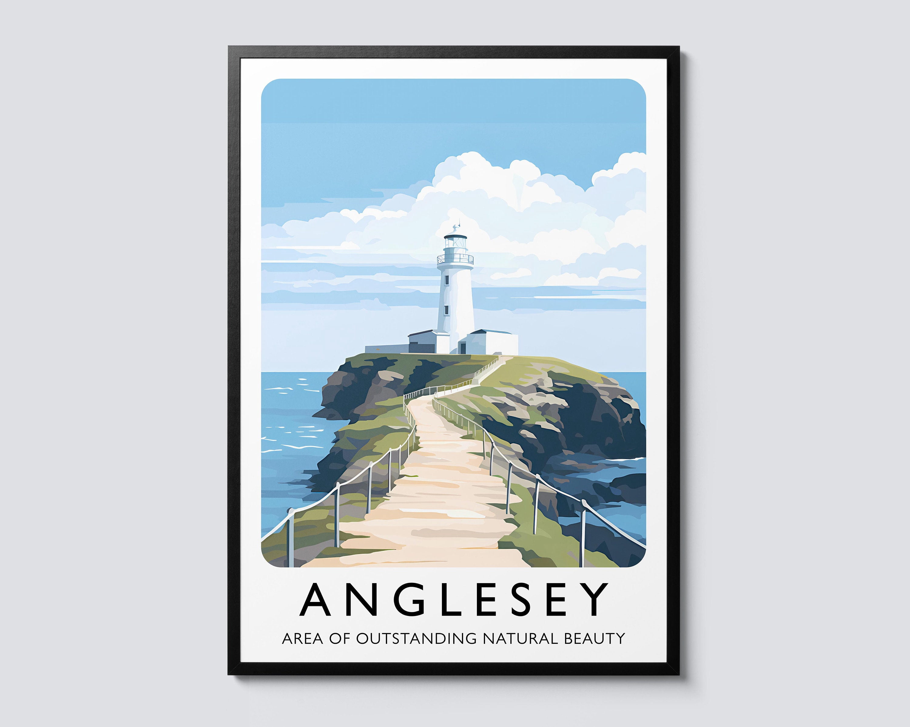 Anglesey Aonb Sea Cliff And Lighthouse Illustration Uk Travel Wall Art ...