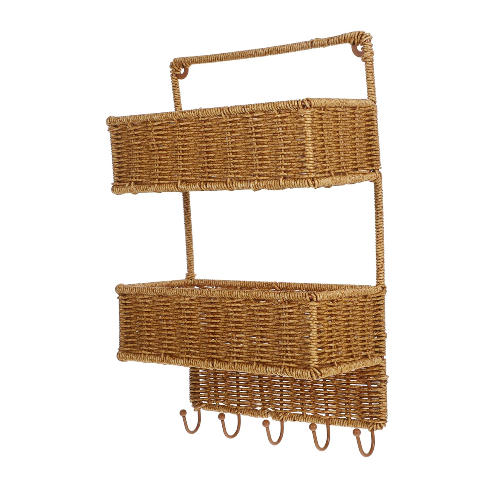 Angoily Woven Wall Mount 2-Tier Storage Sorter Basket with 5 Hooks ...