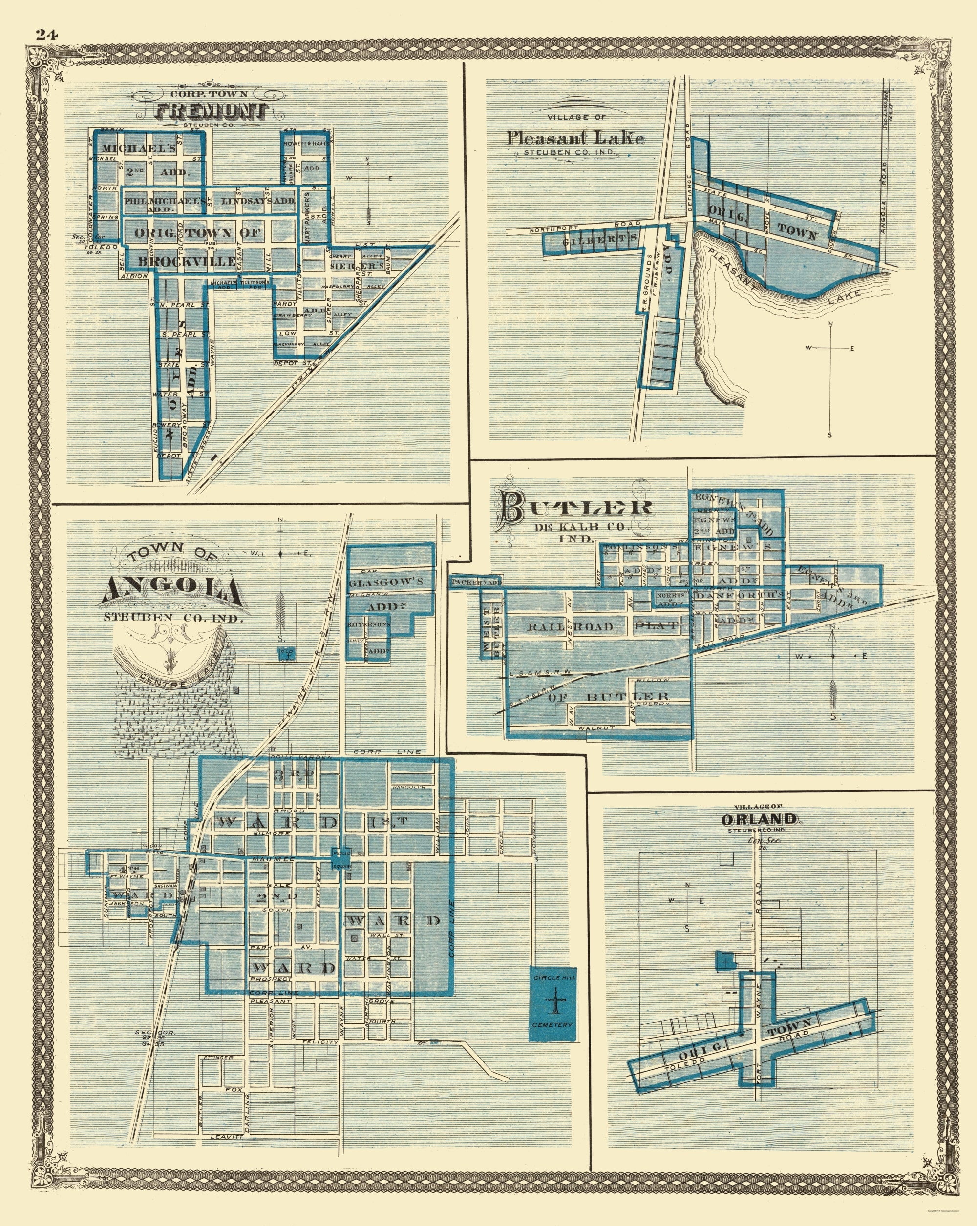 Historic City Map - Angola Fremont Pleasant Lake Butler Orland Indiana ...