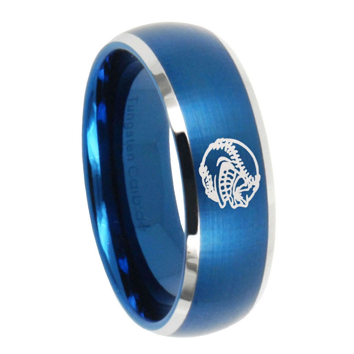Tungsten Angry Baseball 8mm Blue Two Tone Dome Polished Edges Men's ...