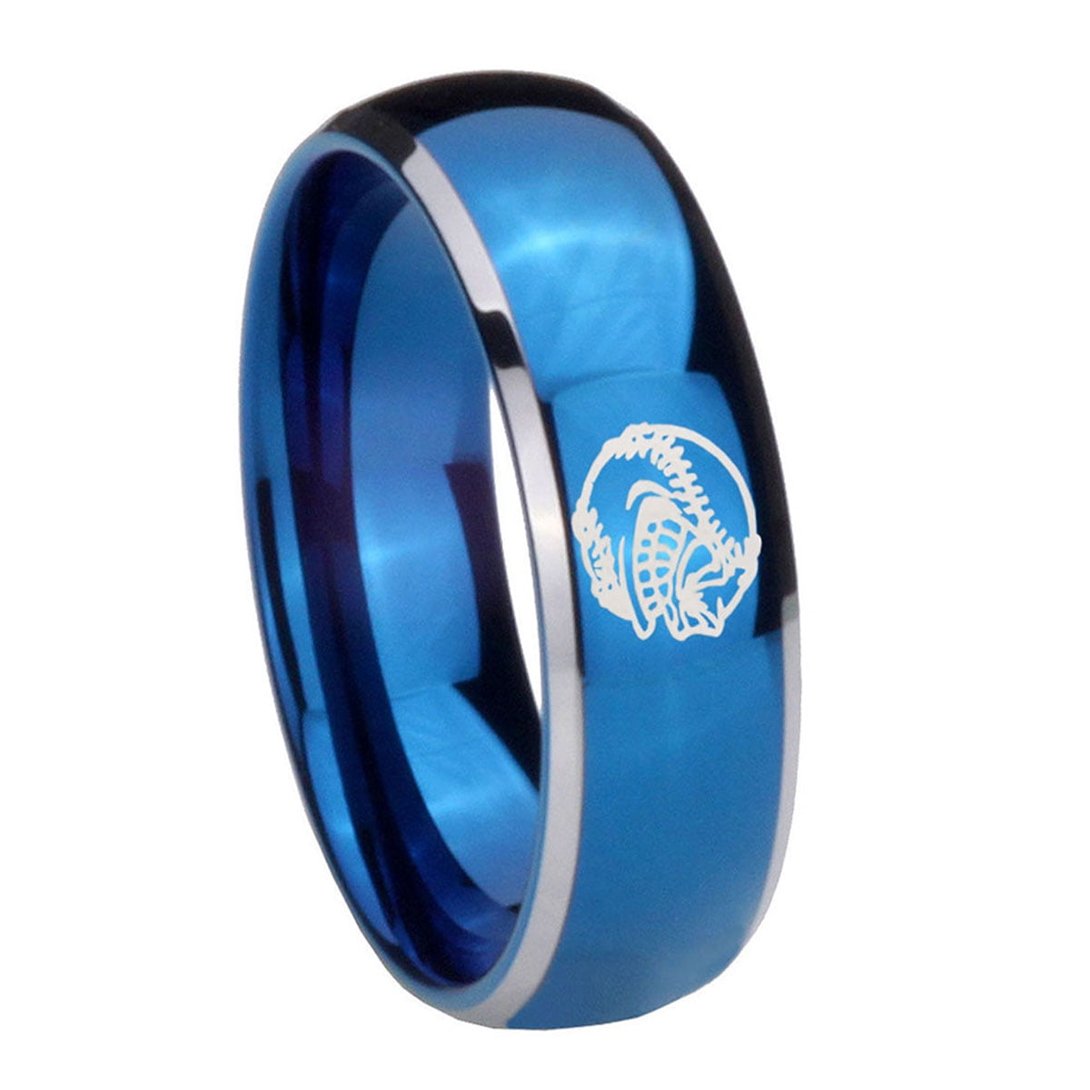 Tungsten Angry Baseball 8mm Blue Two Tone Dome Polished Edges Men's ...
