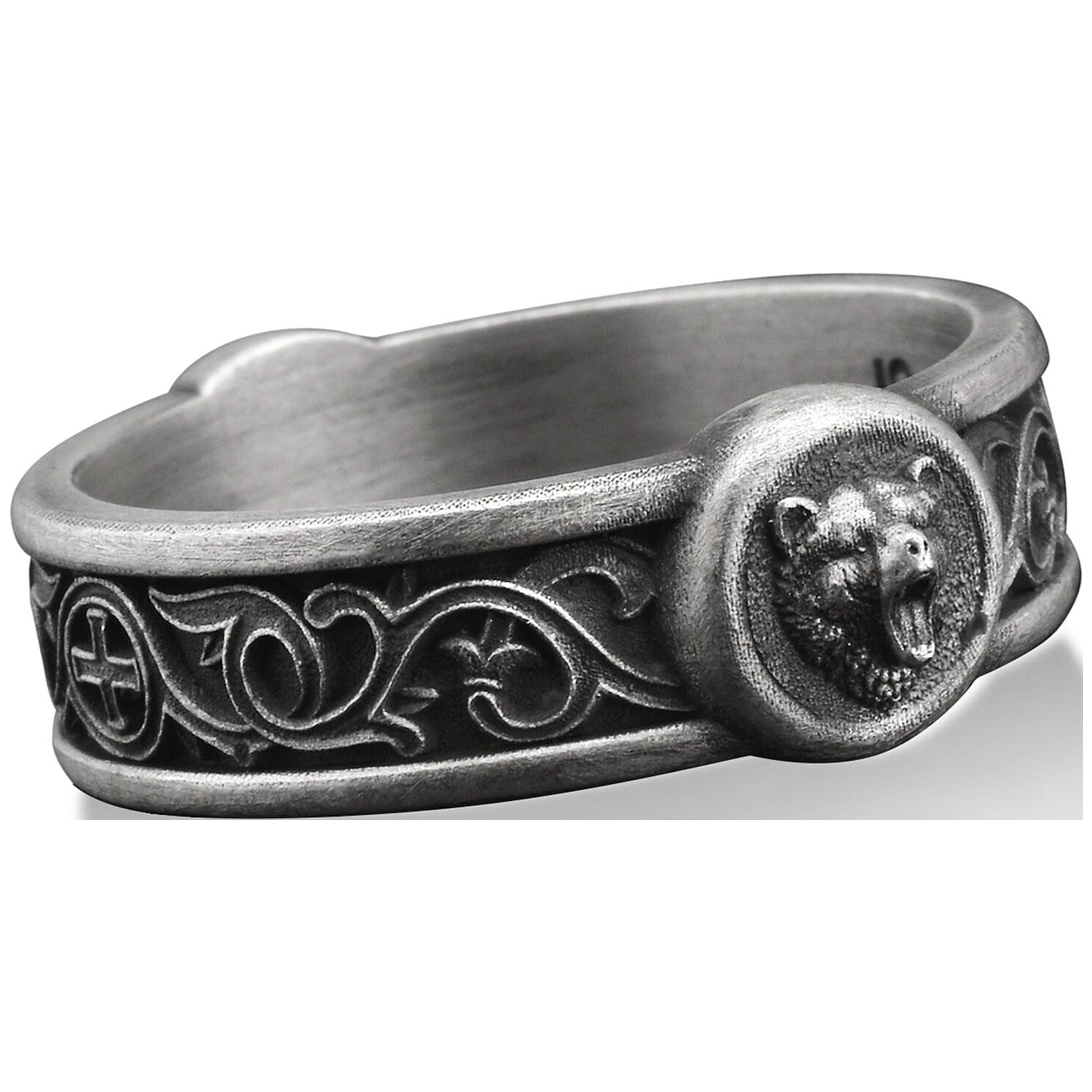 Angry Bear with Lily Motifs Handmade Sterling Silver Men Band Ring ...