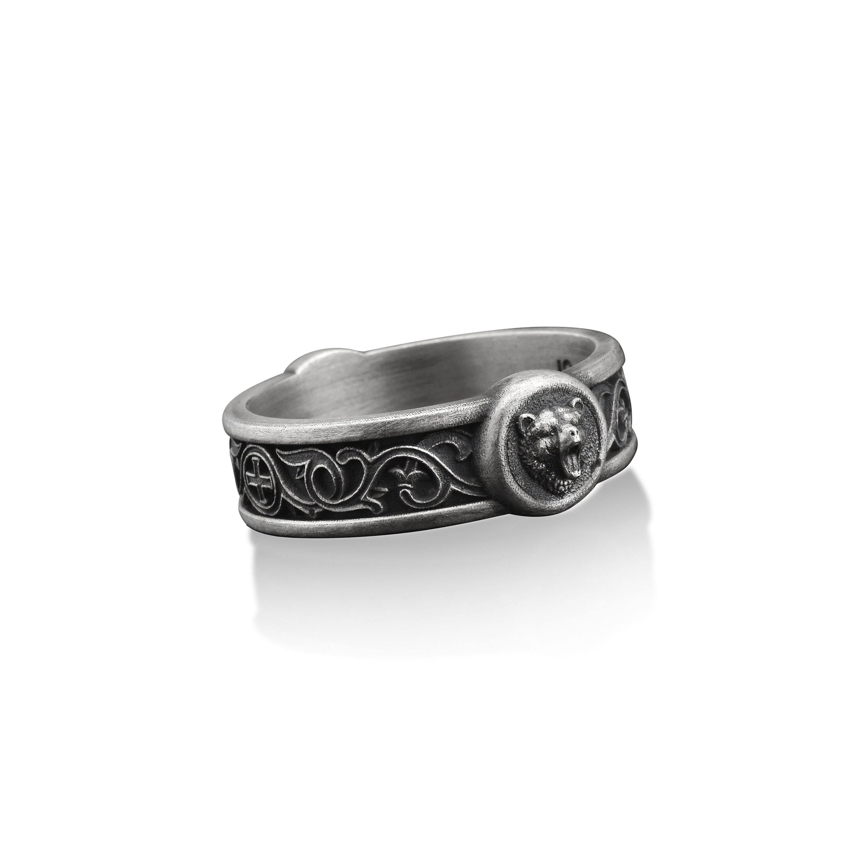 Angry Bear with Lily Motifs Handmade Sterling Silver Men Band Ring ...