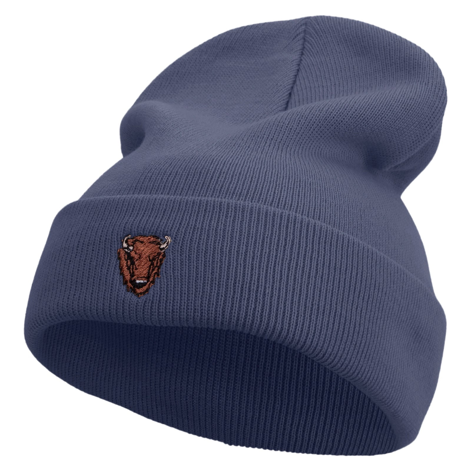 Angry Bison Head Embroidered 12 Inch Long Knitted Beanie - Navy OSFM ...