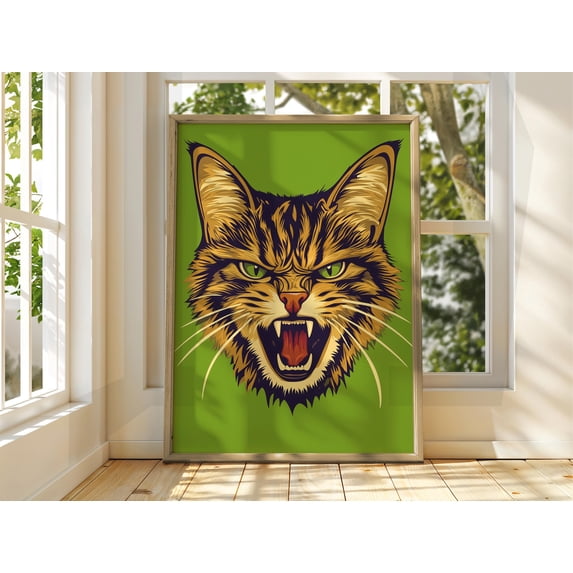 Angry Cat Art Green FelineAnimal Wall Art Poster , Poster Print Only ...
