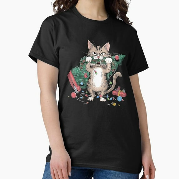 Angry Cat Destroying Christmas Tree Funny Holiday Art Top Best Unisex T ...