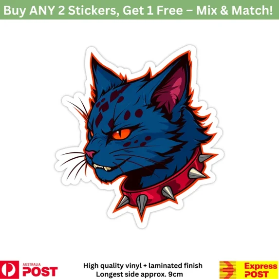 Angry Cat Punk Spiked Collar Sticker Phone Decal Water Bottle Stickers ...