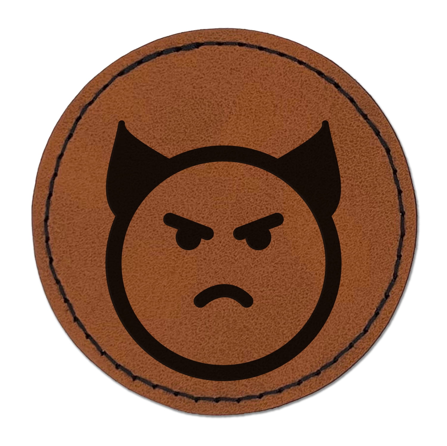 Angry Devil Face Emoticon 2.5" Faux Leather Round Engraved Iron-On ...