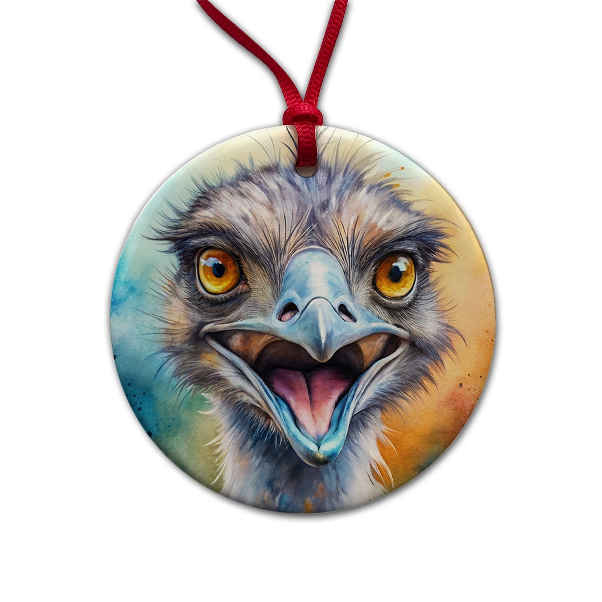 Angry Emu Watercolor Christmas Tree Holiday Round Ceramic Ornament ...