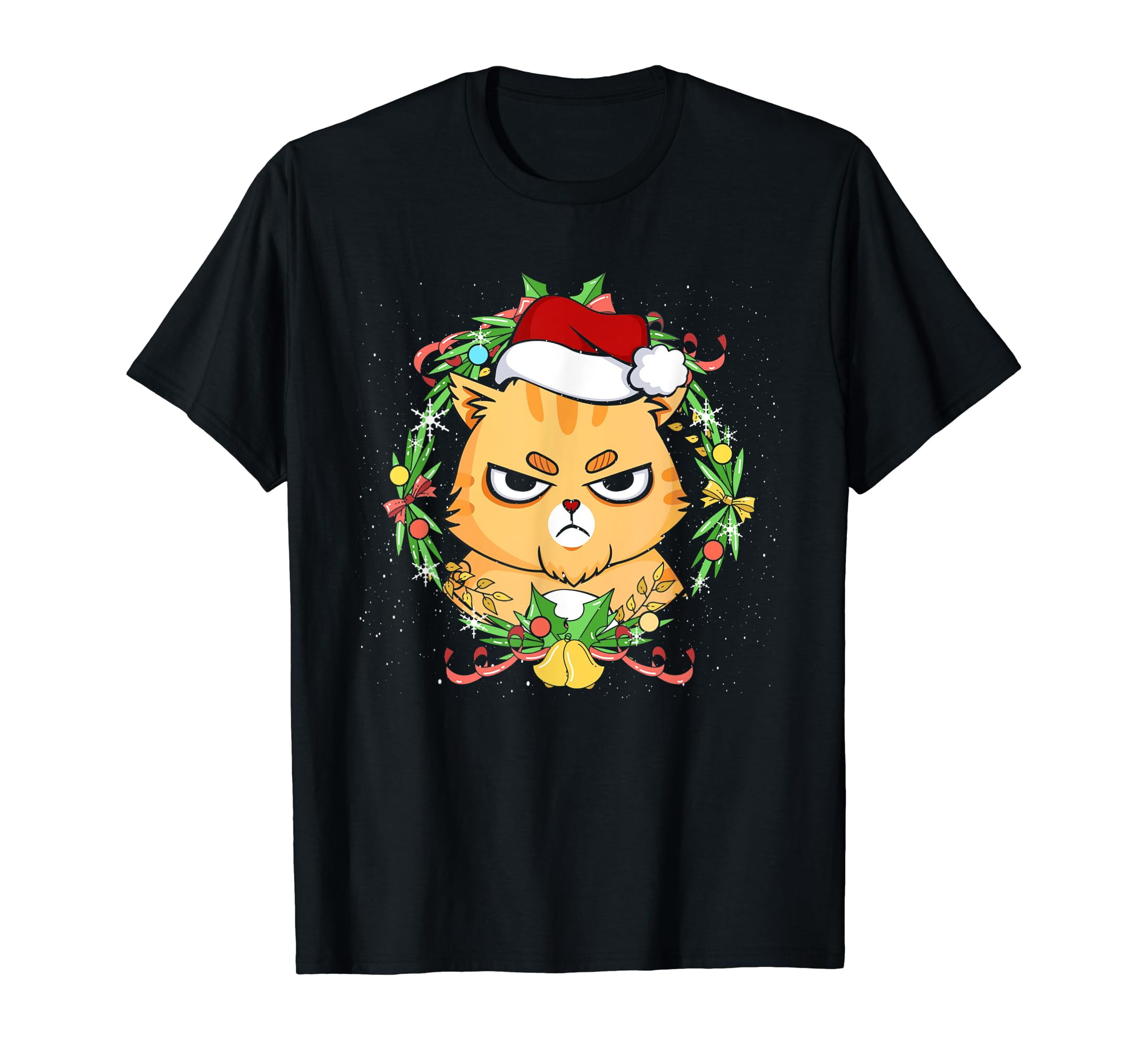 Angry Face Cat With Circle Christmas Flower Santa Hat Xmas Black T ...