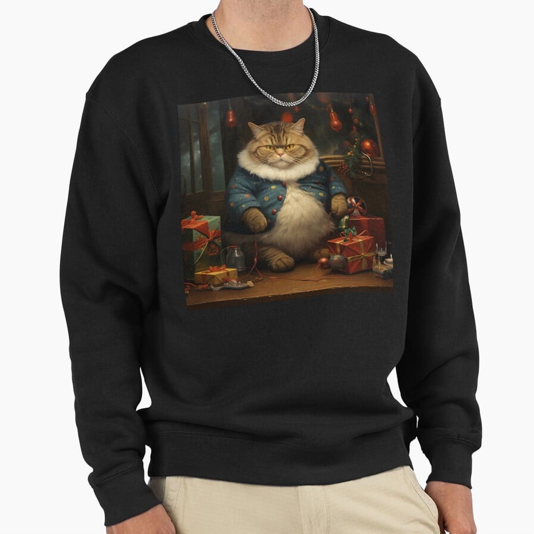 Angry Holiday Christmas Fat Cat Print Graphic Unisex Sweatshirt Retro ...