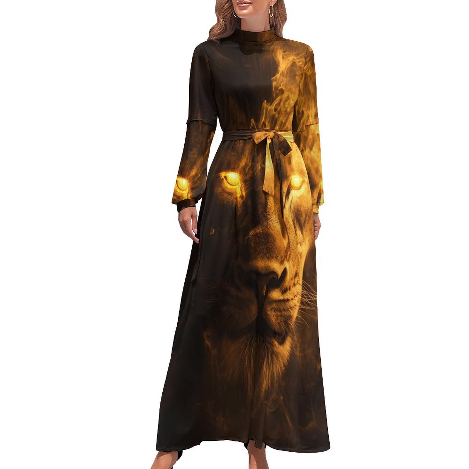 Angry Lion Smoking Women's Fall Maxi Dress Long Sleeve Turtleneck Flowy ...
