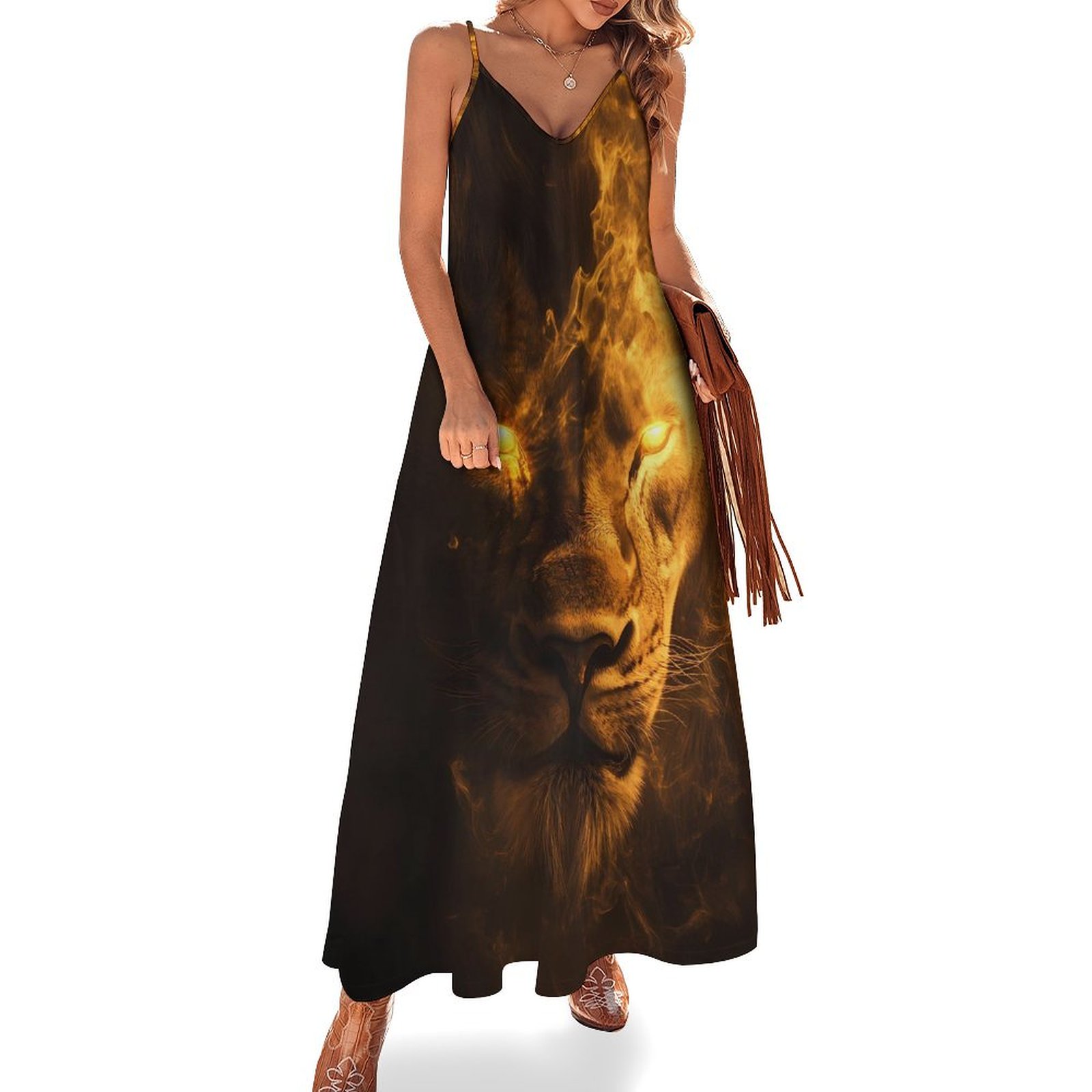 Angry Lion Smoking Women's Maxi Dress Spaghetti Strap V Neck Bohemian ...