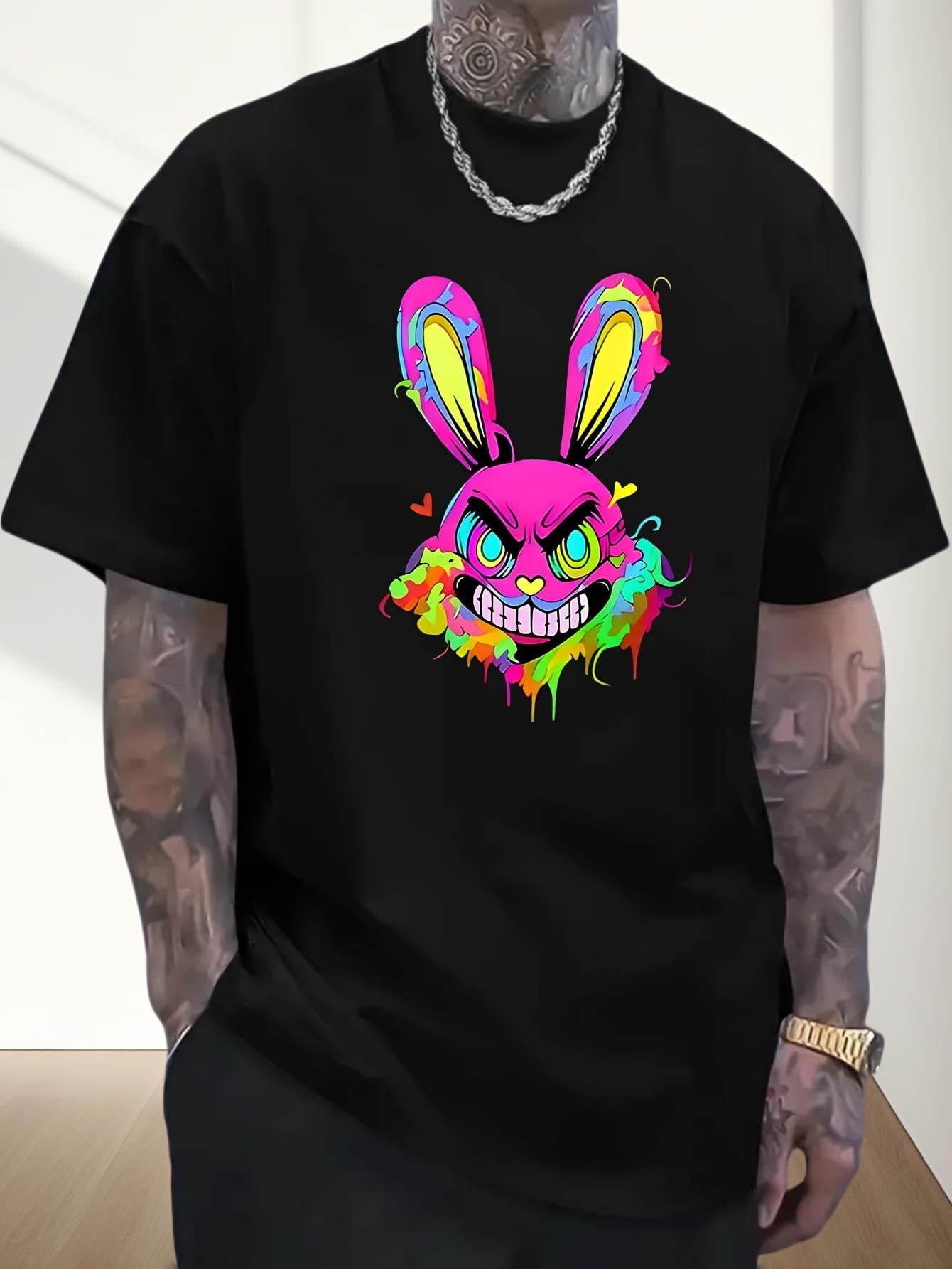 Angry Rabbit Head Printed Men's Heavy 220g Cotton Round Neck Short ...