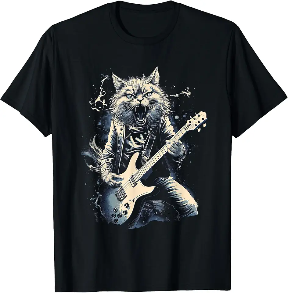 Angry Rock Cat Playing Electric Guitar Unisex Short Sleeve Graphic T ...