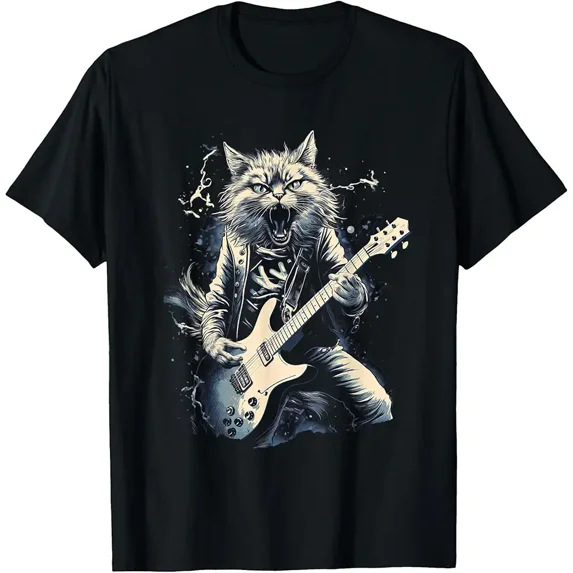 Angry Rock Cat Playing Electric Guitar Unisex Short Sleeve Graphic T ...