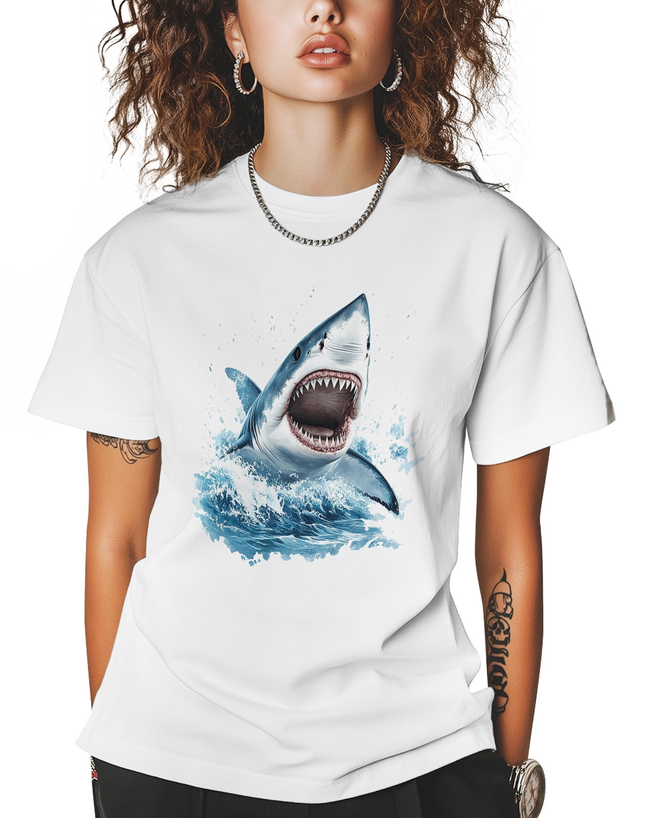 Angry Shark T Shirts for Women Short Sleeve Cotton Crewneck T-Shirt ...